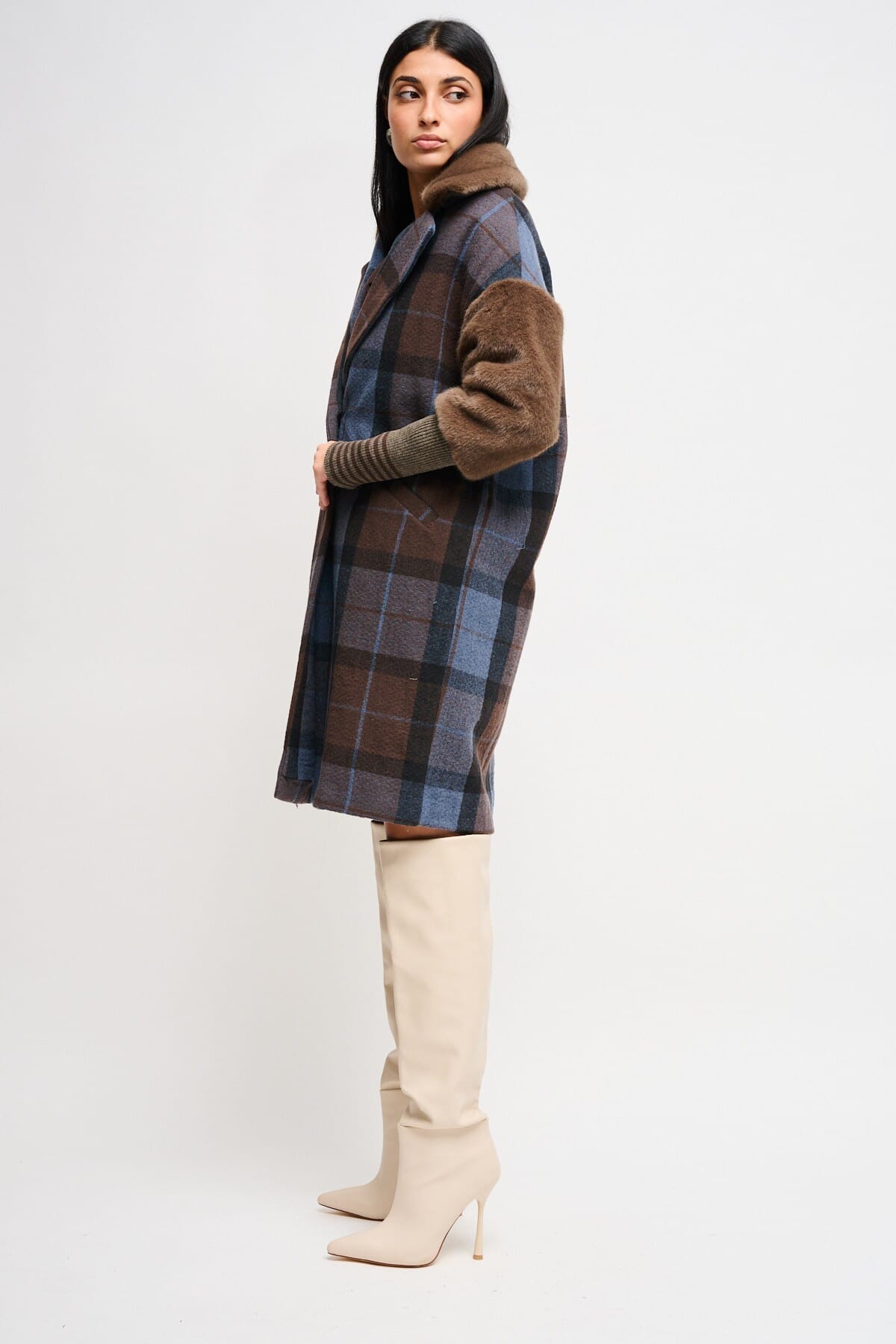 Maryley Oversized Check Coat With Faux Fur Inserts - Vesti...